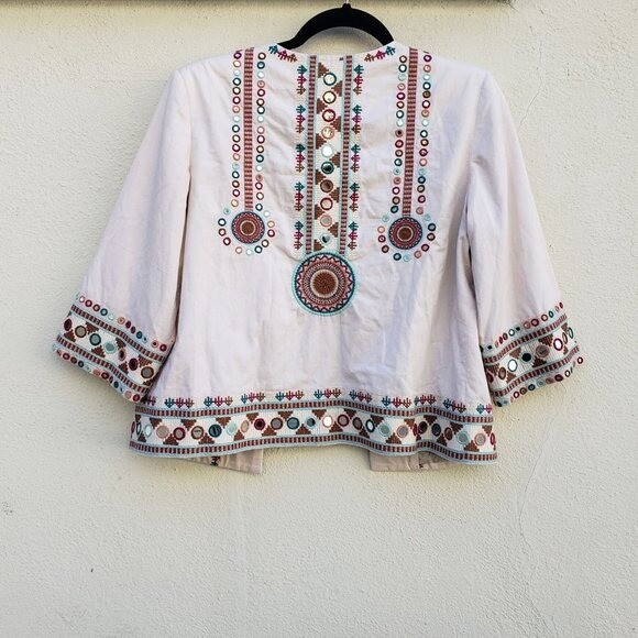 NWT SOUK Indigo Women Hand Embroidered Open Jacket w/ Shoulder pads Tan ...