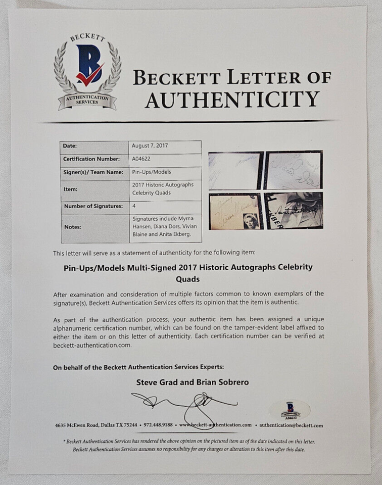 Historic Autographs Celebrity Quads Pinup Models Hansen, Dors, Blaine ...