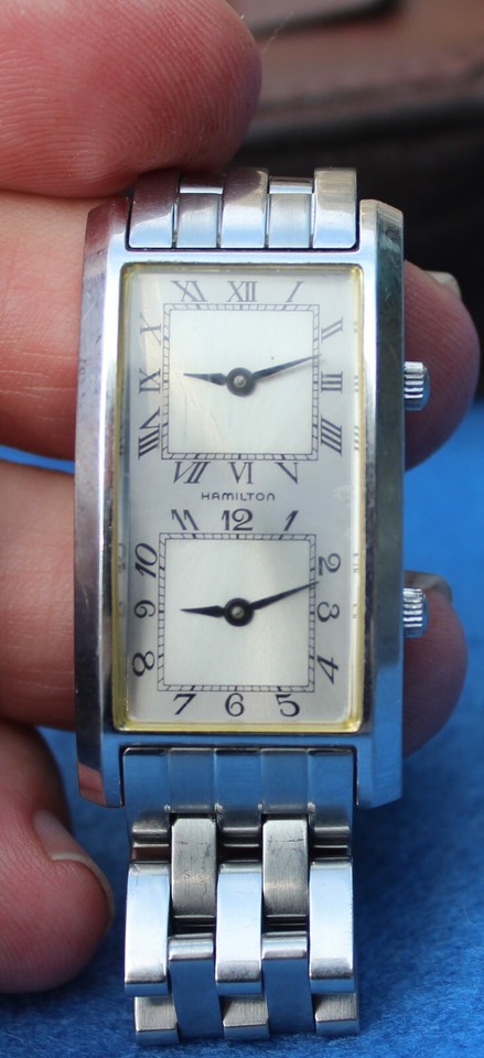 HAMILTON 6273 Tank Dual Time American Traveler Quartz Watch SS Bracelet ...