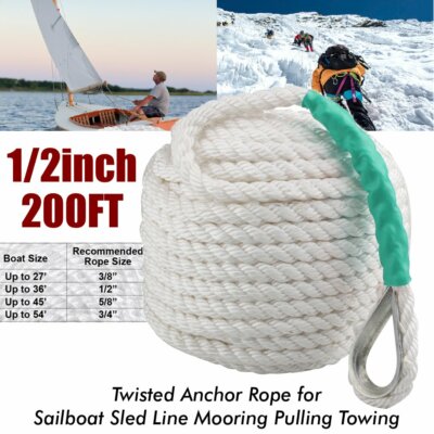 1/2 inch 200FT Twisted NYLON Anchor Rope Braided Boat Line Dockling w ...