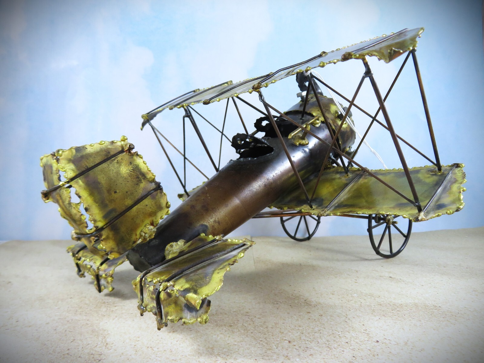 Handcrafted Brass Metal Biplane Sculpture Brutalist Art Soldered Burnt ...