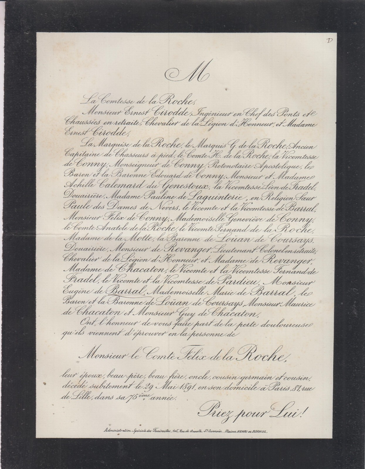 1891 Faire-part décès Félix de LA ROCHE - Paris. | eBay