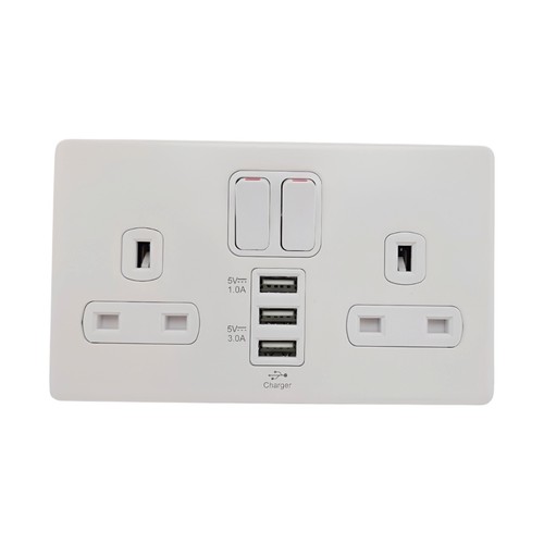 Deta 2 Gang 13A Switched Socket with 3 4A USB Charger Ports White ...