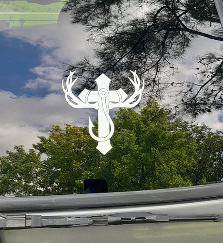 Cross Fish Hook Deer Antlers Jesus vinyl car/window decal Sticker 4.8x5 ...