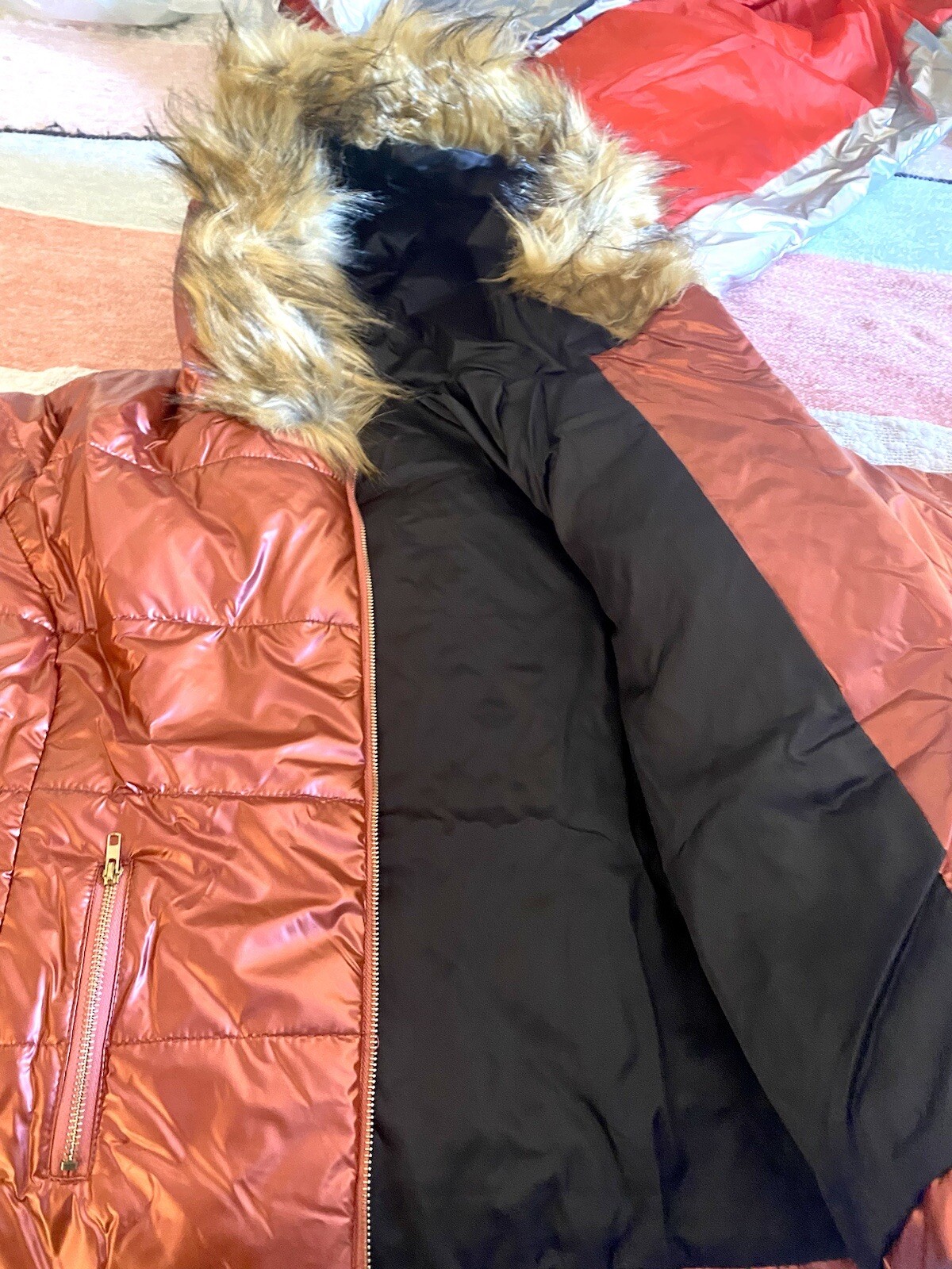 Fashion Women’s Shiny Copper Puffer Coat With Faux Fur Hoodie Brand New ...