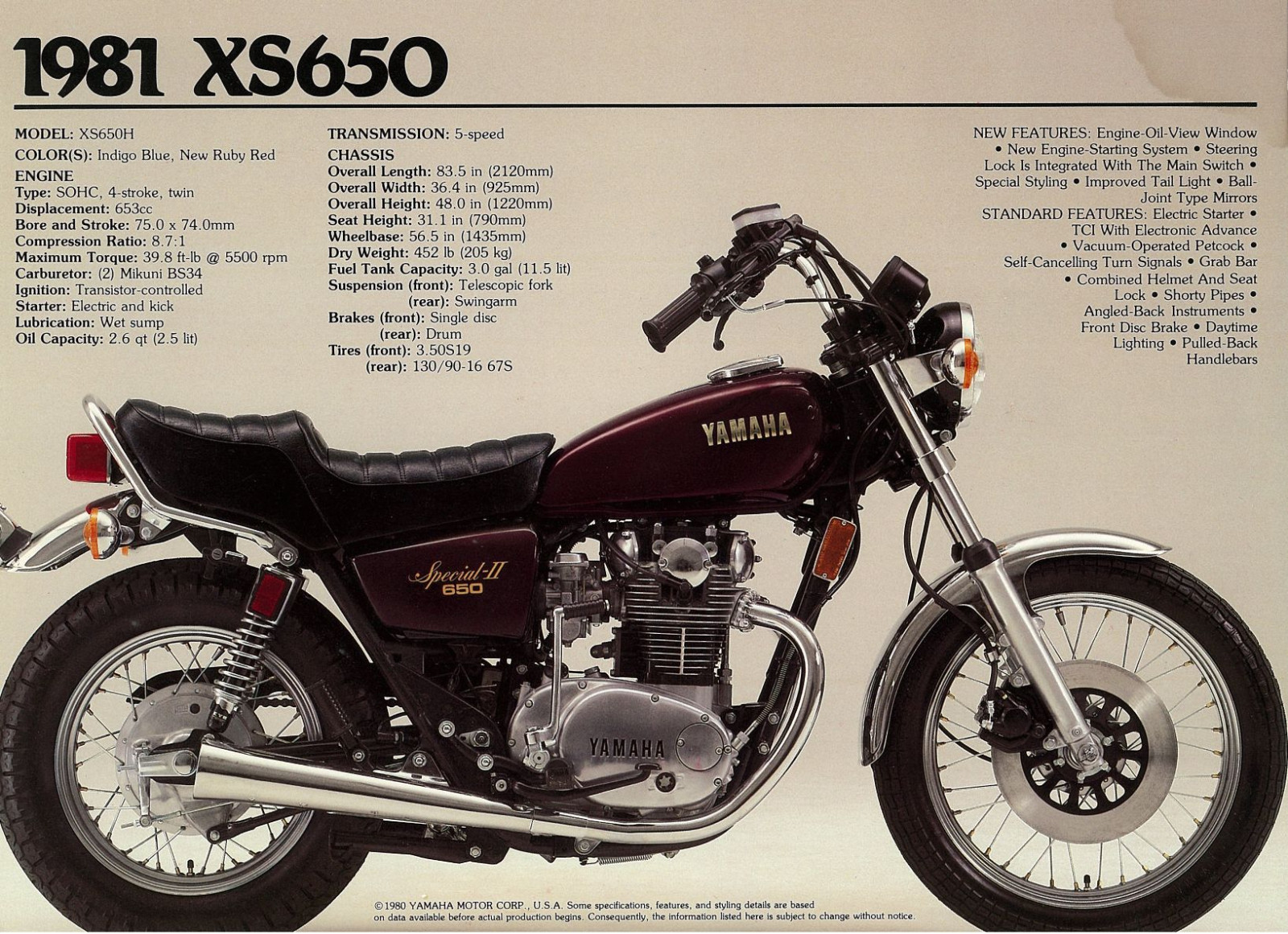 YAMAHA Brochure XS650 XS650H Special II 1981 Sales Catalog Catalogue ...