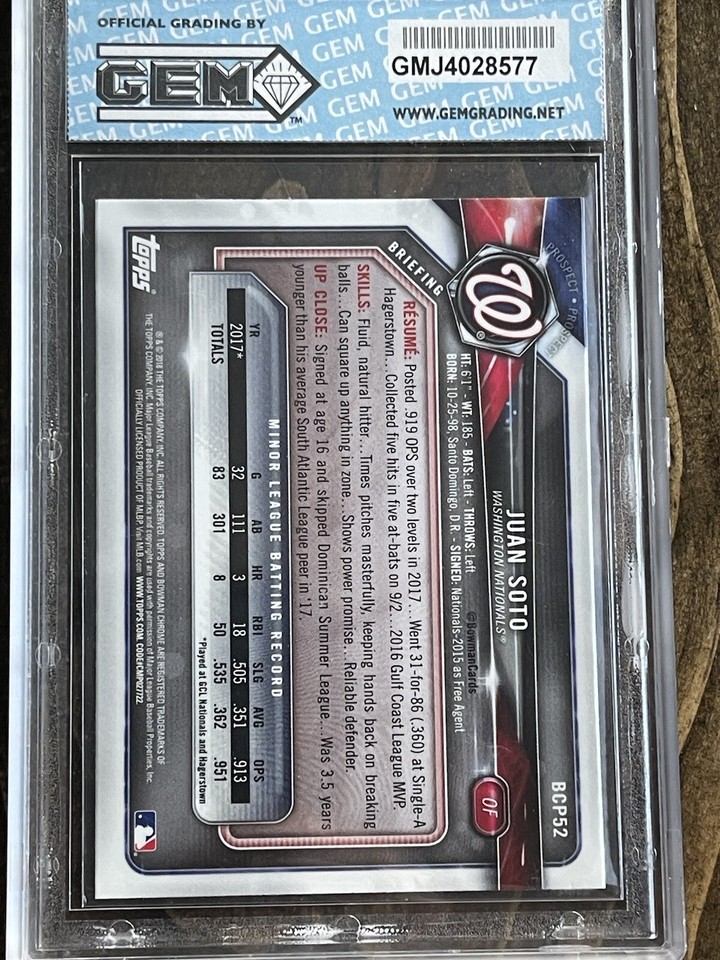 2018 Bowman Chrome Prospects Juan Soto Mega Box Mojo BCP52 Gem Mint 10 ...