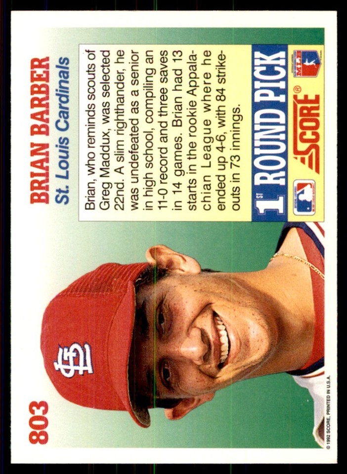 1992 Score Brian Barber RC St. Louis Cardinals #803 | eBay