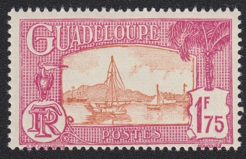 TIMBRE Guadeloupe 1928-38 port de Pointe-à-Pitre 1f75 rose et ocre NEUF ...