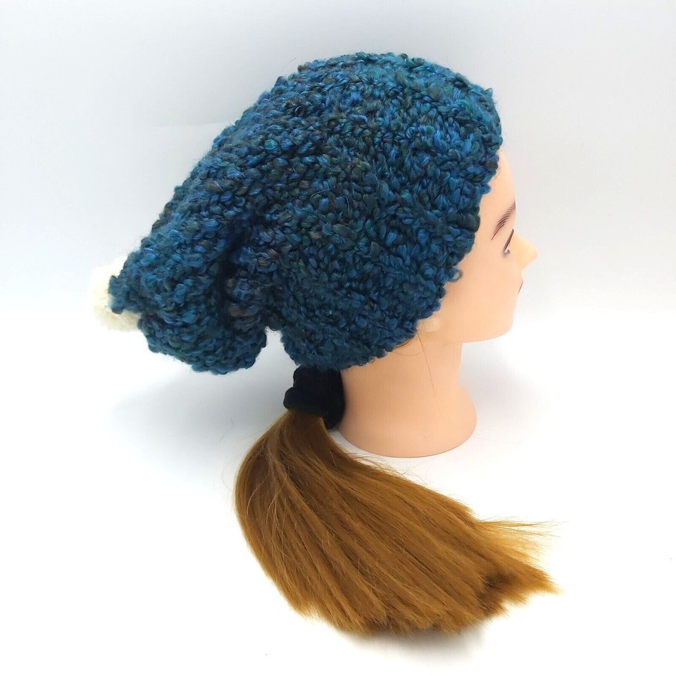Chunky Beanie Slouch Hat Toque Cream Pompom M-L Teal Blue Handmade Loom ...