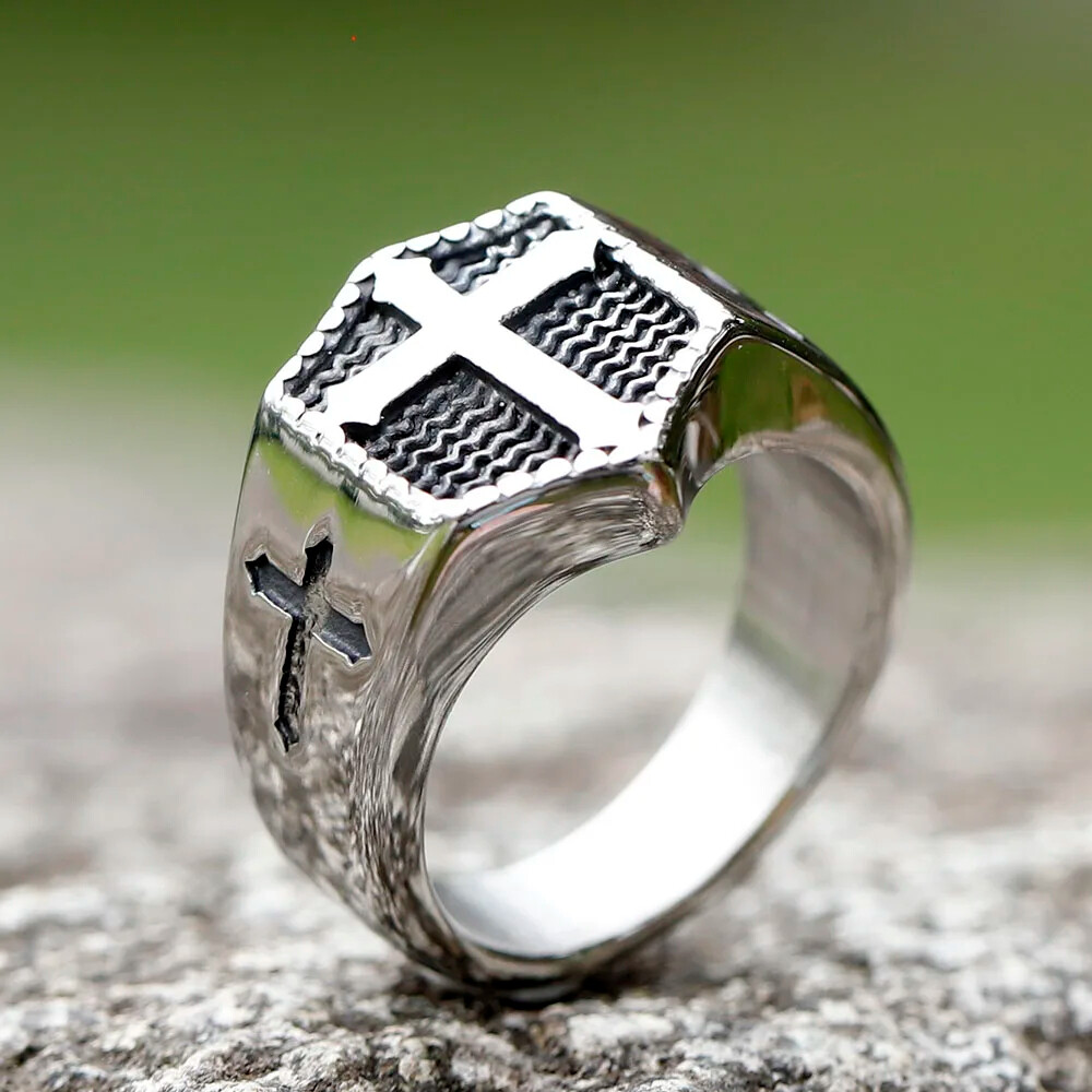 Stainless Steel Mens Cross Ring Timon: Saints Cross Mens Black 316L