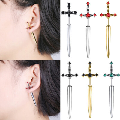 20G Punk Stainless Steel Stud Earrings CZ Dagger Sword Ear Stud ...