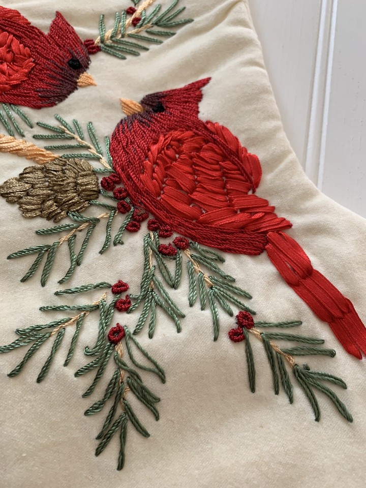 Christmas Stocking Cardinal Birds Ribbon Embroidery Cream Velvet Red ...