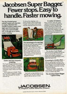 1977 Vintage Print Ad Jacobsen Super Bagger Fewer Stops Lawn Mower ...