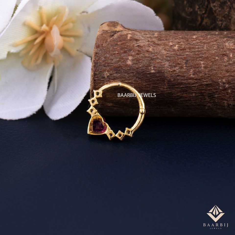 Ria 14K Septum Nose Ring in Gold with Heart Pink Diamond Clicker Daith ...