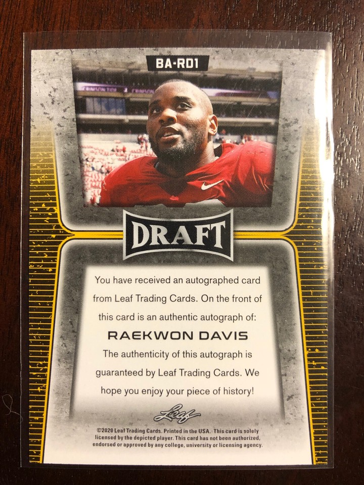 RAEKWON DAVIS 2020 LEAF DRAFT ROOKIE RC GOLD AUTO AUTOGRAPH ALABAMA ...