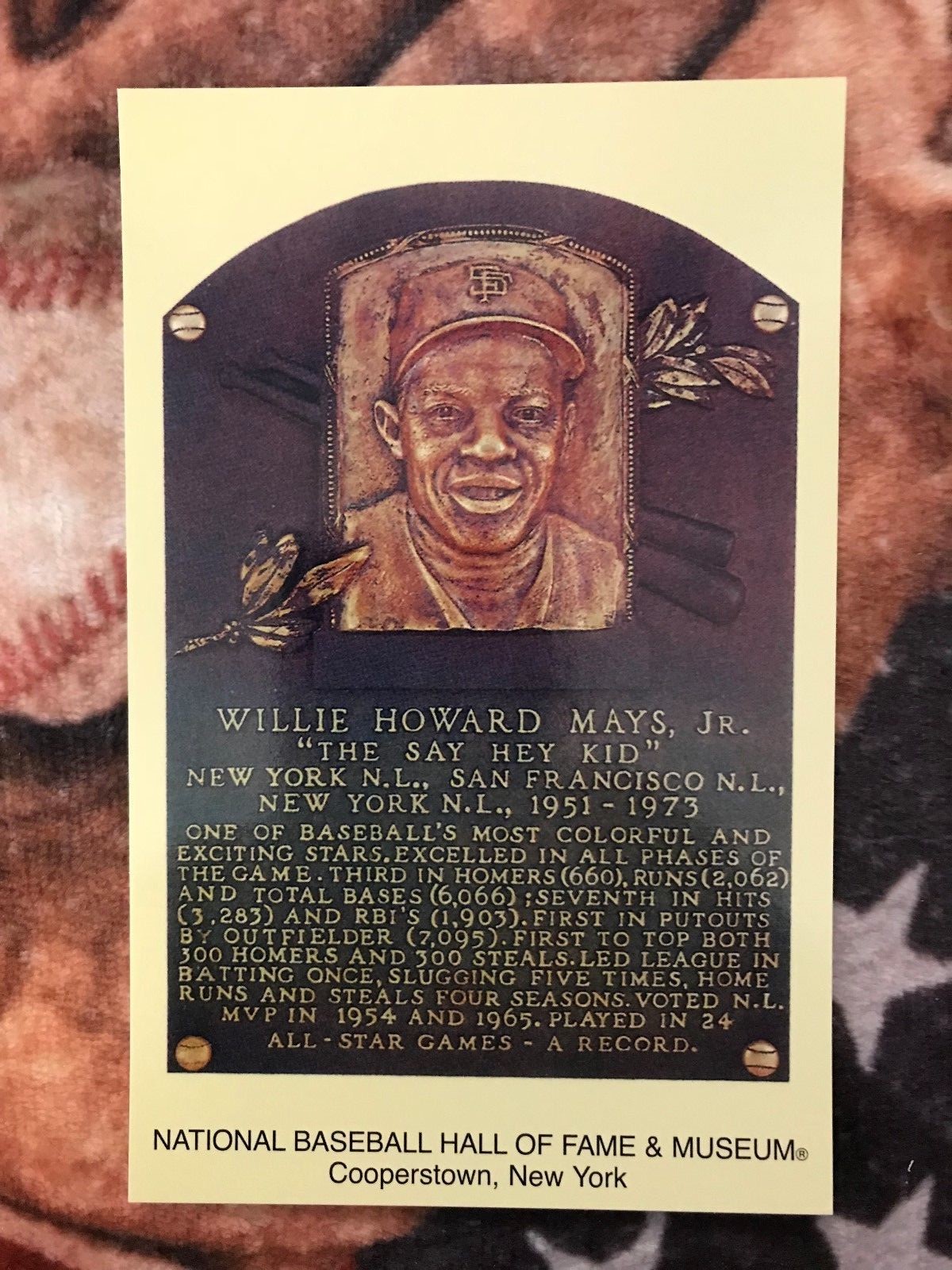 Willie Mays Postcard- Baseball Hall of Fame Induction Plaque - Photo ...
