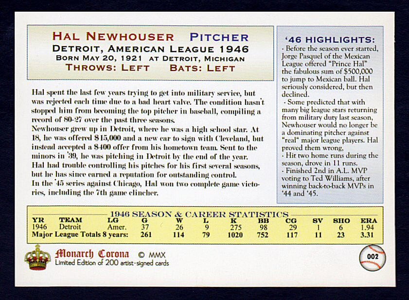 HAL NEWHAUSER '46 DETROIT TIGERS / MONARCH CORONA 1ST SERIES / NM+ COND ...