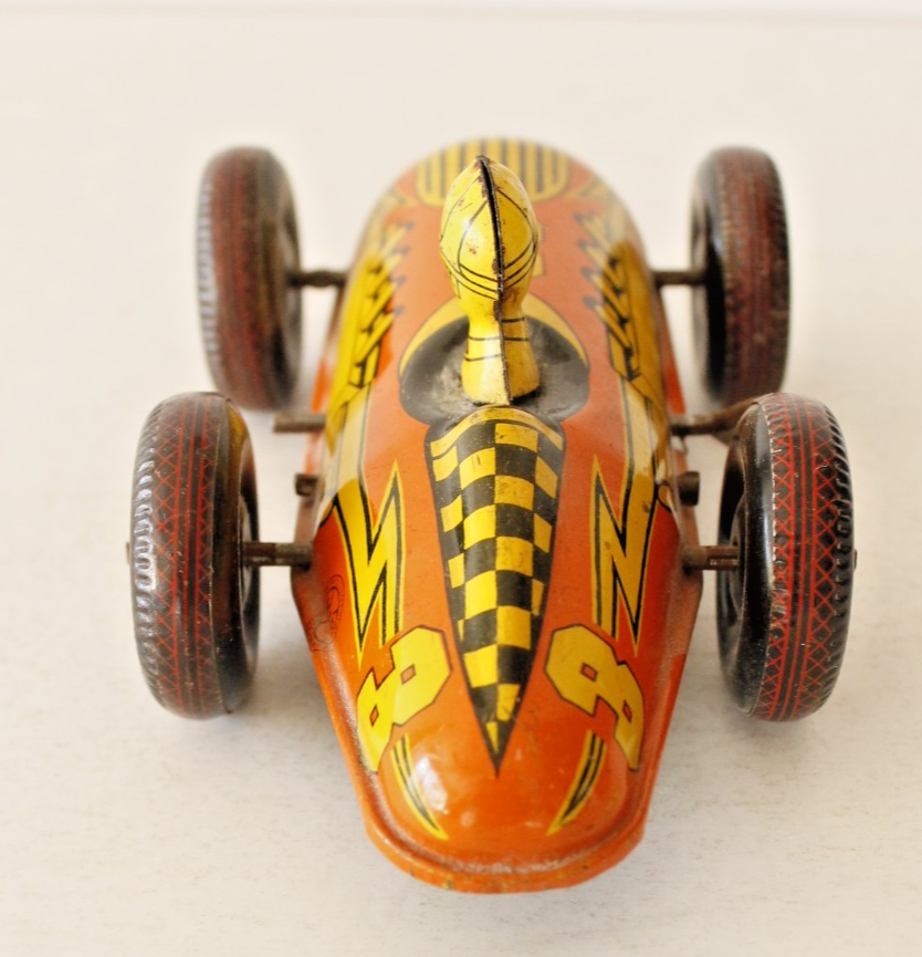 VINTAGE 1930/1940 MARX TIN LITHO WIND UP #3 ORANGE RACE CAR WITH DRIVER ...