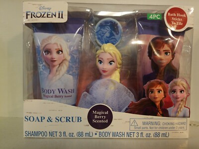 New! Frozen/Elsa Soap & Scrub-Bath Set: Shampoo, Sponge/Hook, Body Wash ...