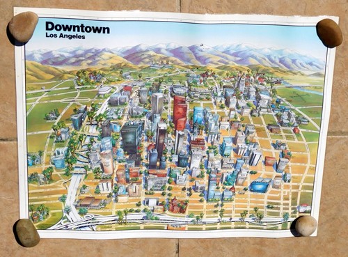 VTG 1984 Cartoon Map of DOWNTOWN LOS ANGELES LARGE Amazing LAMINATED ...