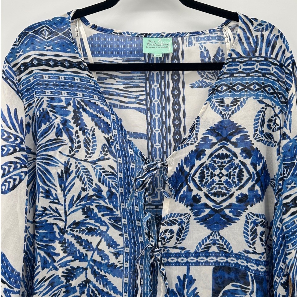 NWT True Destinations Sheer Blue White Tropical Print Kaftan Cover Up ...