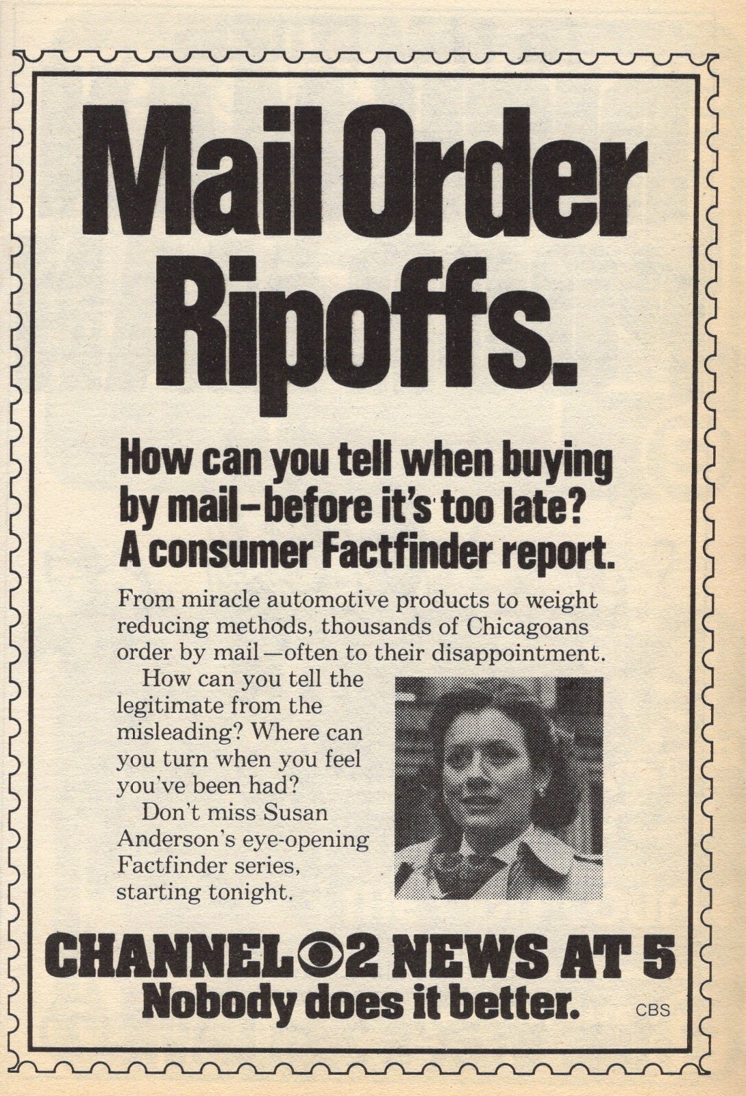 1981 WBBM CHICAGO TV NEWS AD ~ SUSAN ANDERSON REPORTER on MAIL ORDER ...