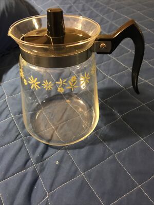 Vintage Cory Glass Coffee/Tea Pot Yellow Daisies Flowers Lid Five Cups ...