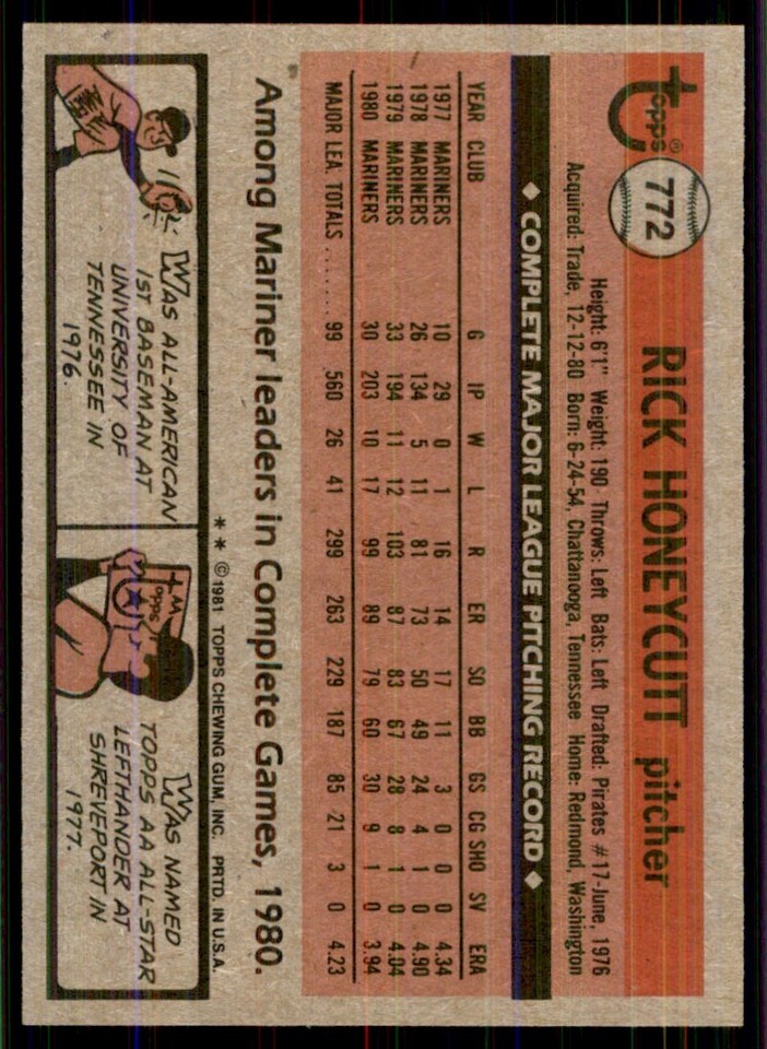 1981 Topps Traded Rick Honeycutt Texas Rangers #772 | eBay
