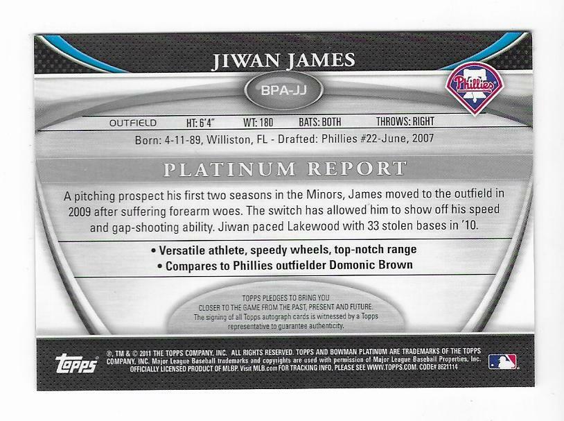 Jiwan James 2011 BOWMAN PLATINUM MLB PROSPECTS AUTOGRAPH CARD Phillies ...