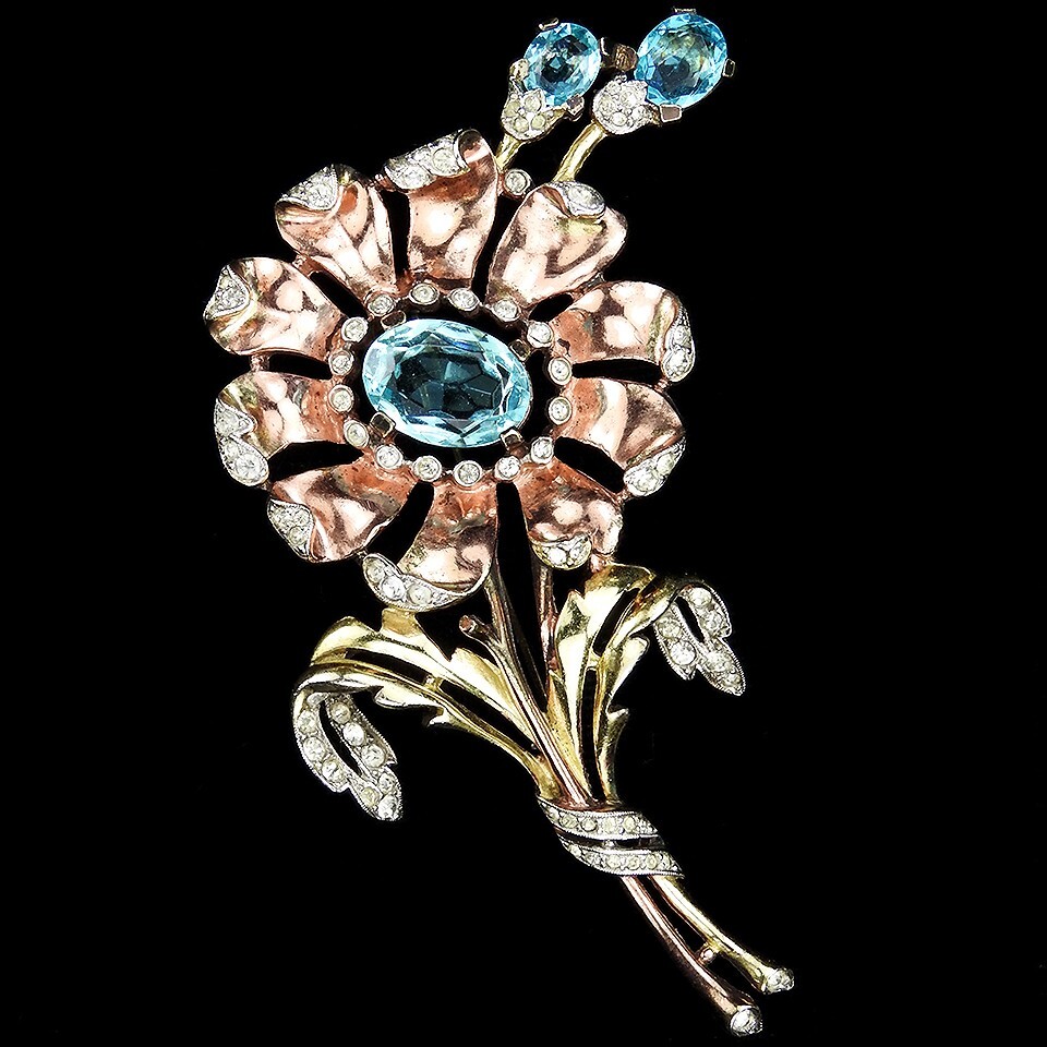 Trifari Philippe Pave Two Colour Gold Aquamarine Dais… - Gem