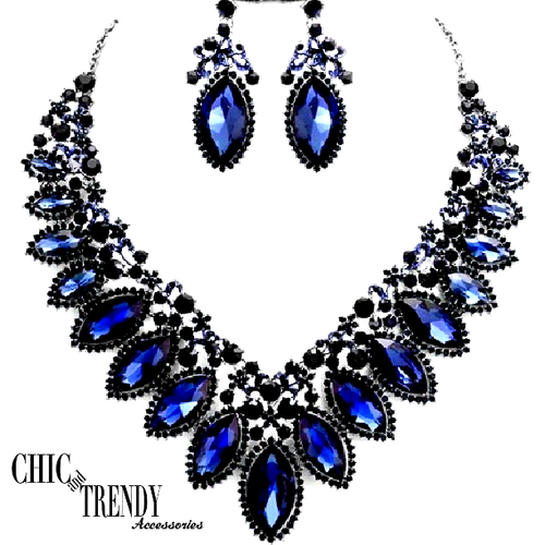 HIGH END DARK BLUE GLASS CRYSTAL BRIDAL PROM FORMAL CHUNKY NECKLACE ...
