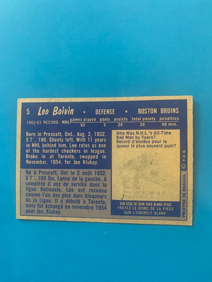 63/64 Topps #5 Leo Boivin Boston Bruins HOF NM | eBay