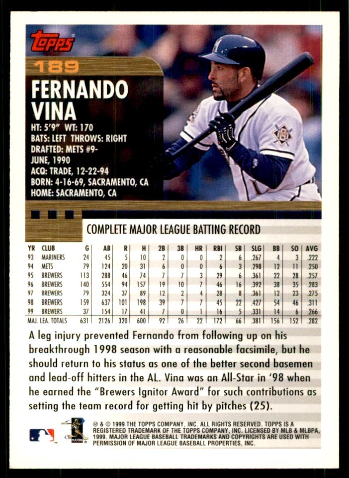 2000 Topps Fernando Vina Baseball Card #189 | eBay