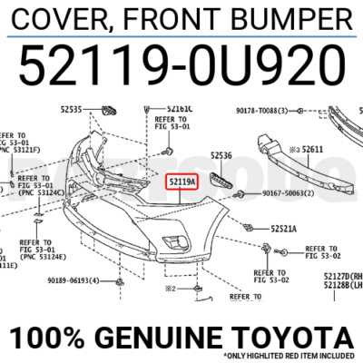 521190U920 Genuine Toyota COVER, FRONT BUMPER 52119-0U920 | eBay
