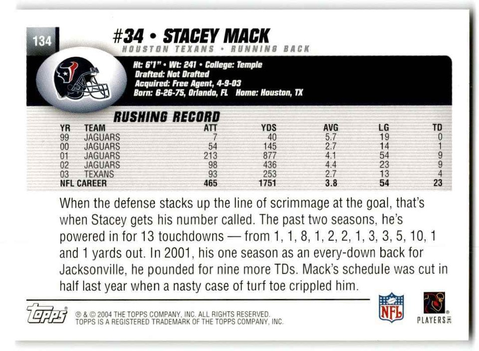 2004 Topps Stacey Mack #134 Houston Texans | eBay