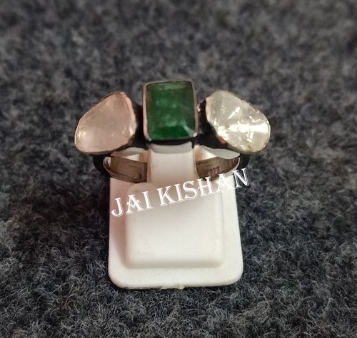 Pierre Précieuse Émeraude Polki Uncut Diamant 925 Argent Délicat Bague ...