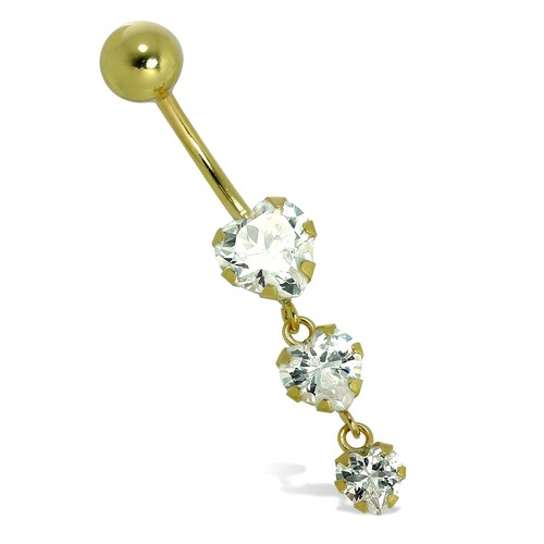 9ct Gold & Triple CZ Crystal Heart Ball End Belly Bar Piercing 17Ga ...