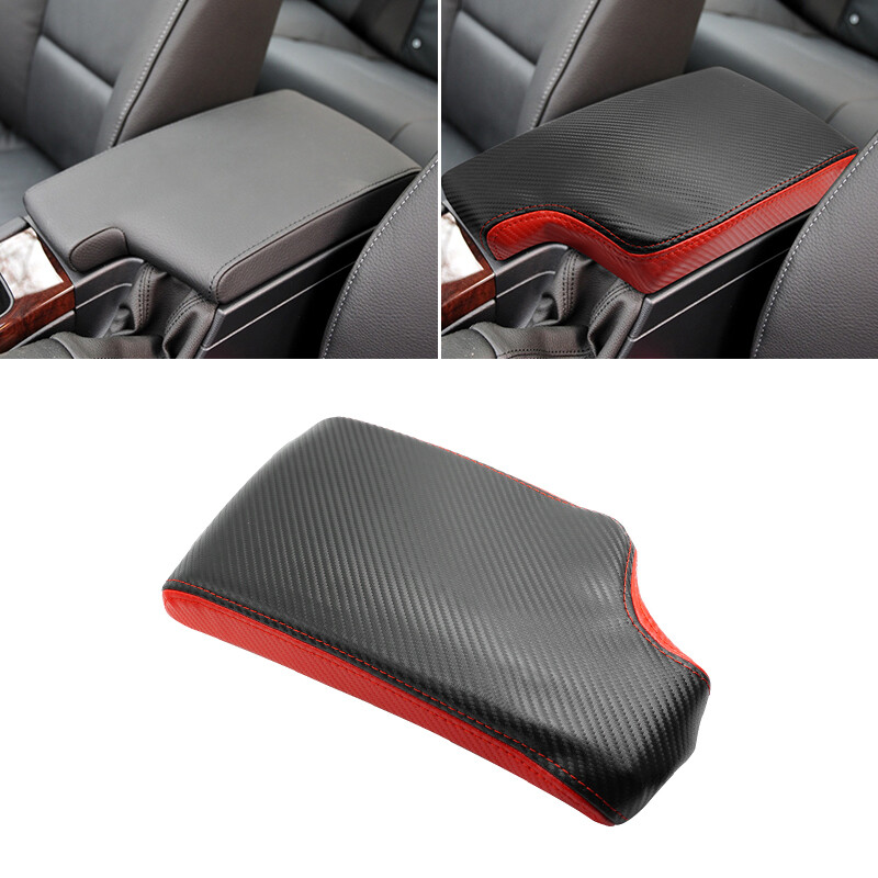 1*Black+Red New Leather Carbon Center Armrest Console Cover For BMW 3 ...