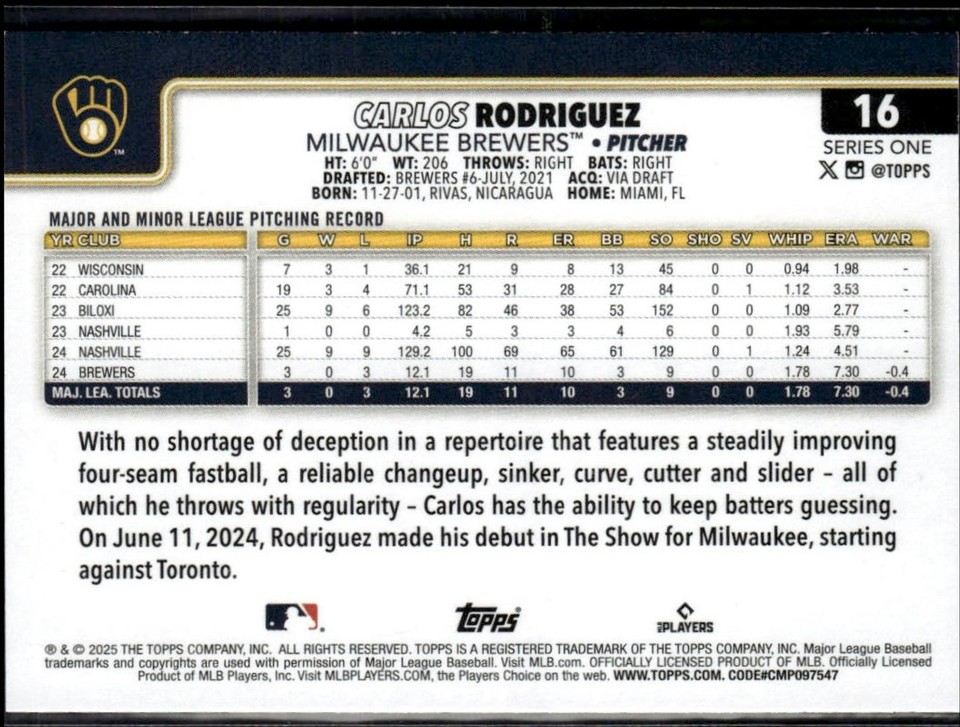 2025 Topps Baseball Carlos Rodriguez #16 RC Milwaukee Brewers | eBay