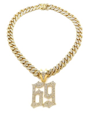 NEW TEKASHI "69" PENDANT 12mm/18" CUBAN CHAIN HIP HOP NECKLACE RC3195G ...