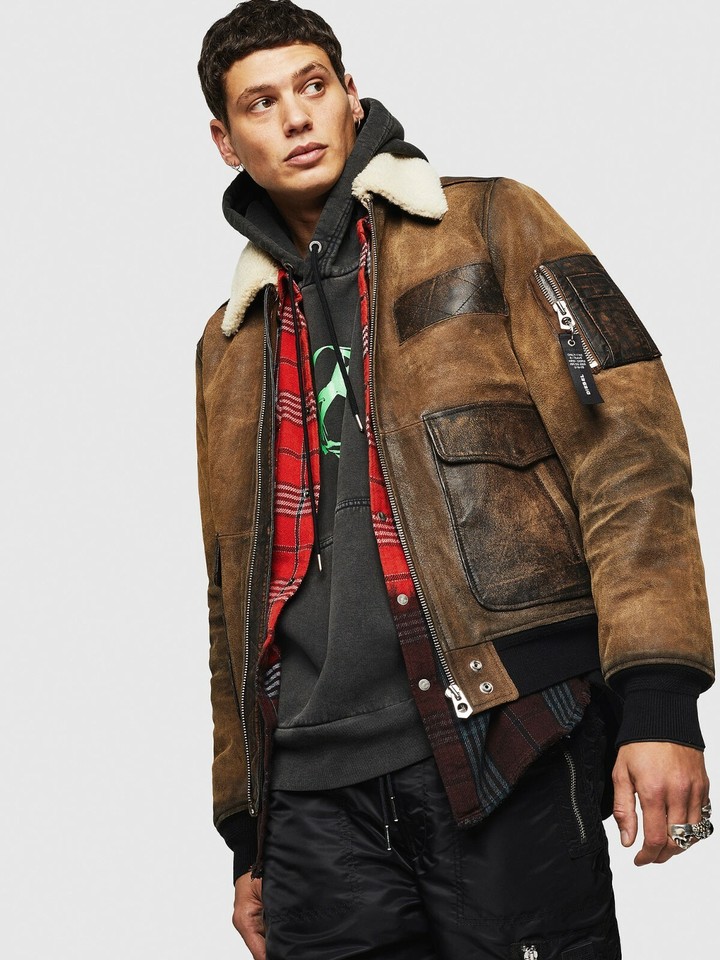 New Diesel L-Oiukiro Aviator Leather Shearling Jacket S jeans thommer ...