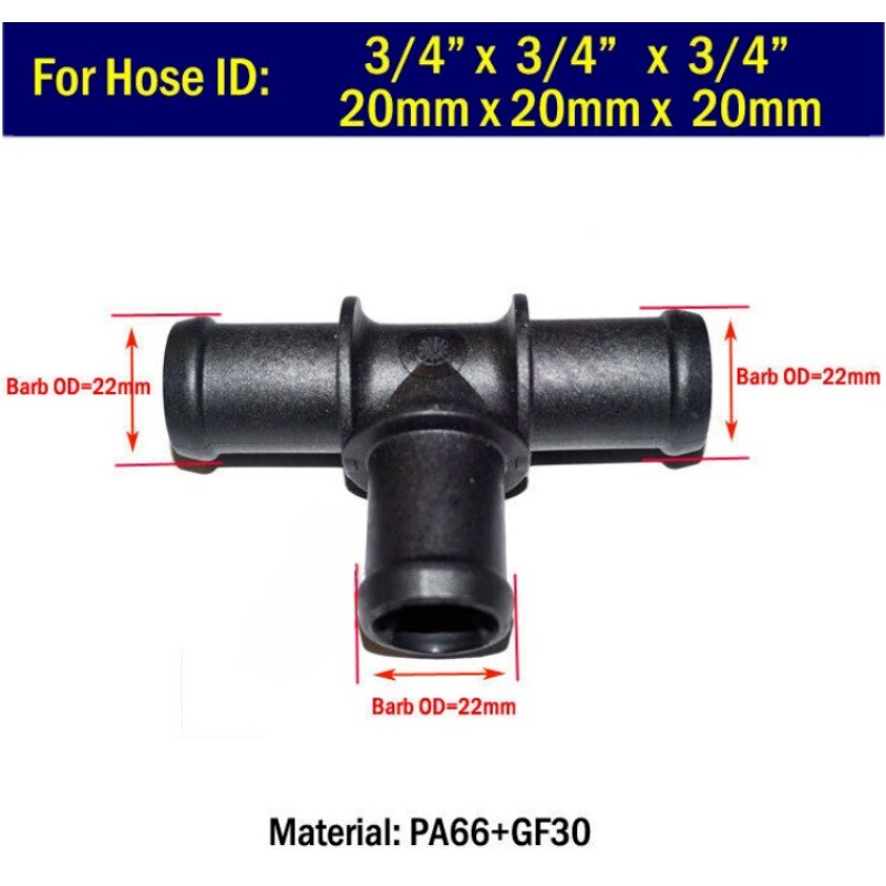 Tee T Heater Hose 3/4" x 3/4 x 3/4 20mm Fitting Connector Coolant Pipe ...
