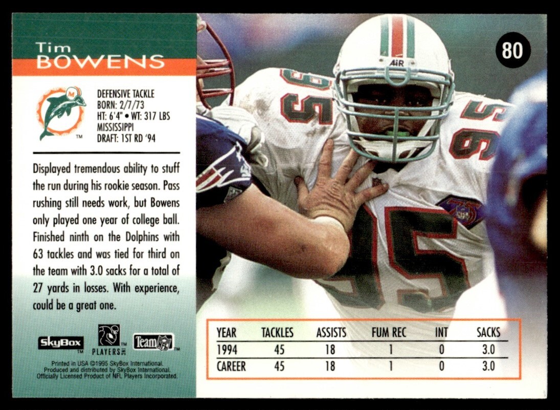 1995 SkyBox Impact #80 Tim Bowens Miami Dolphins | eBay UK