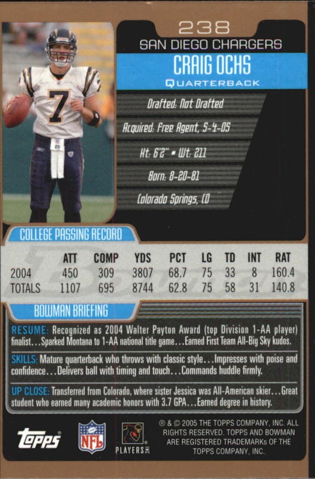 2005 Bowman Bronze San Diego Chargers Football Card #238 Craig Ochs | eBay