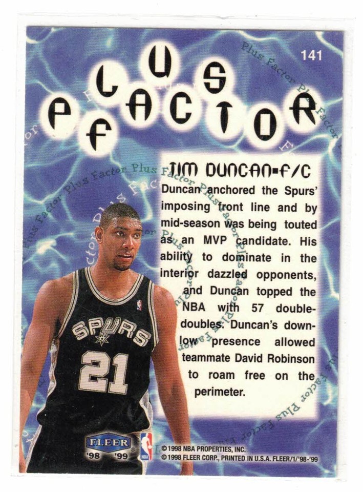 1998-99 Fleer Tradition Plus Factor #141 Tim Duncan San Antonio Spurs ...
