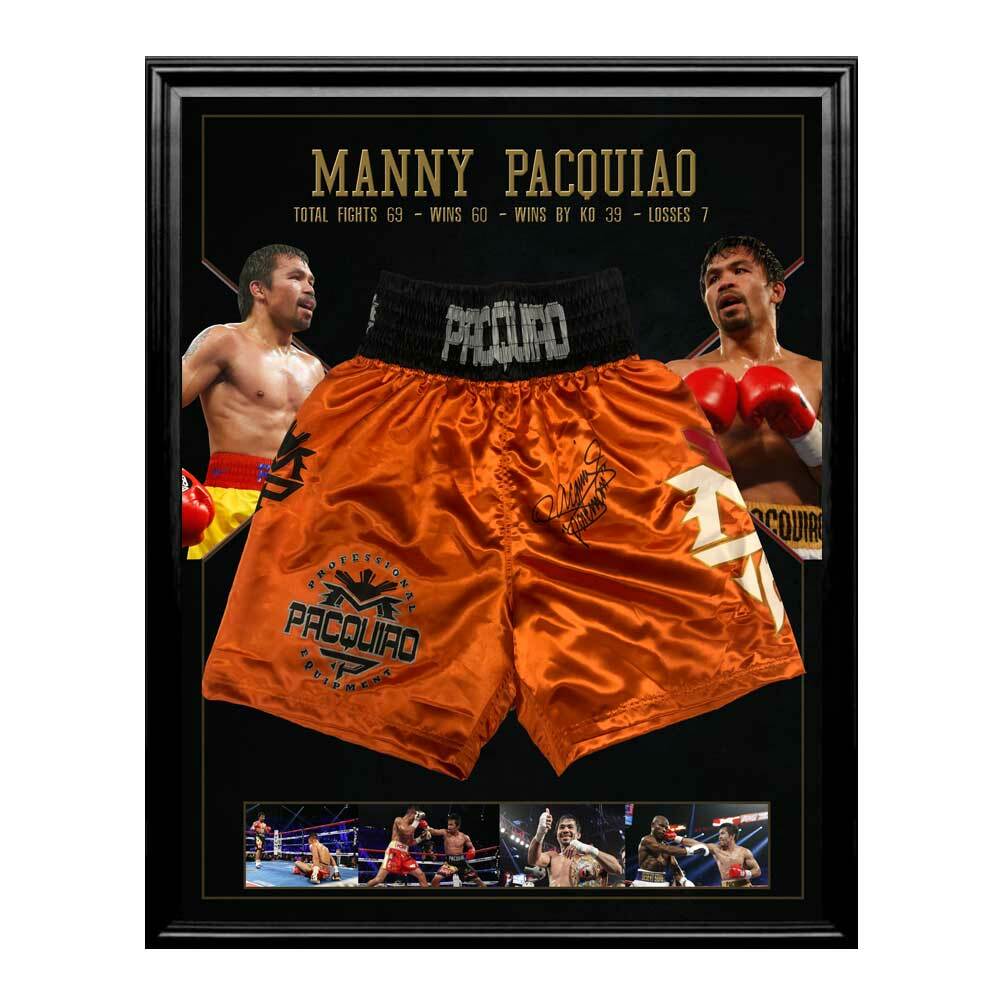 MANNY PACQUIAO HAND SIGNED FRAMED BOXING TRUNKS ALI TYSON FRAZIER ...