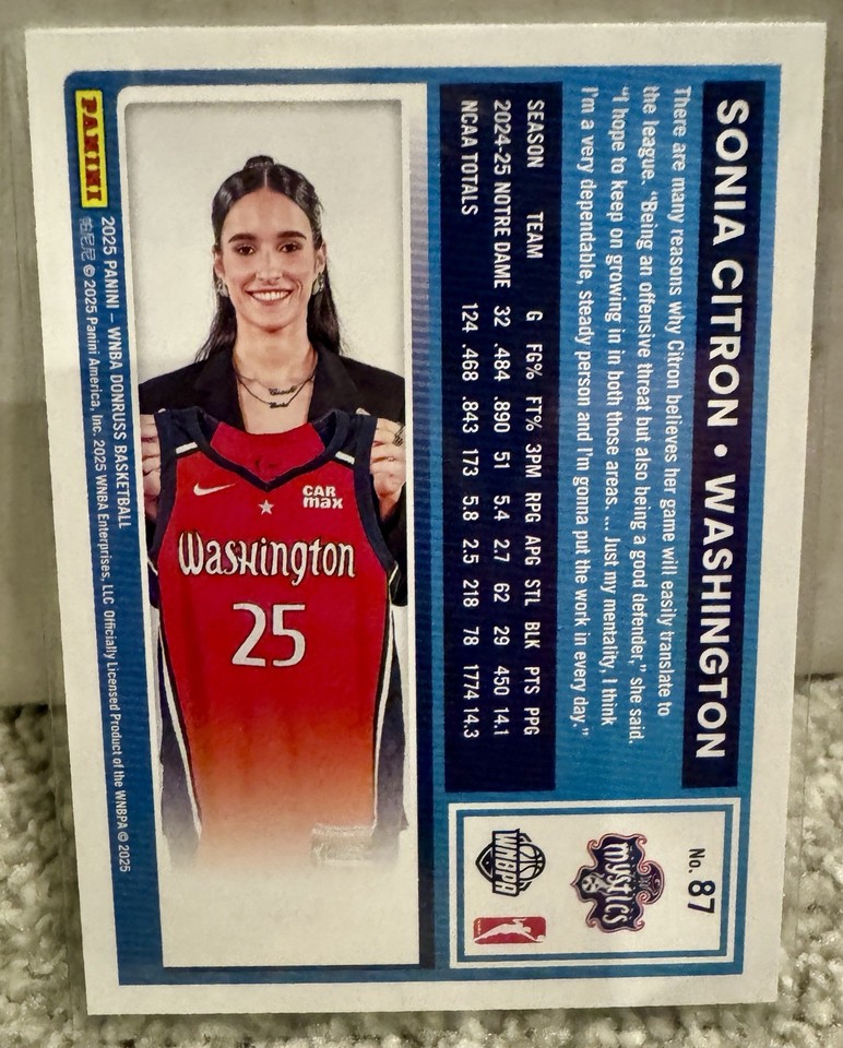 Sonia Citron 2025 Panini Donruss WNBA RATED ROOKIE Card #87 MYSTICS ...
