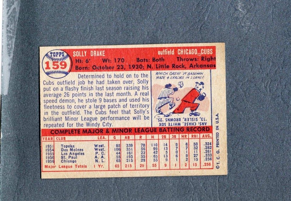 1957 Topps Baseball Set Break Card # 159 Solly Drake in ExMt Condition ...