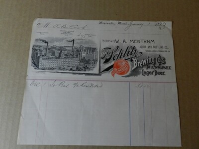 1893 SCHLITZ BREWING CO. ORIGINAL INVOICE SHEET-MISSOULA, MONTANA ...